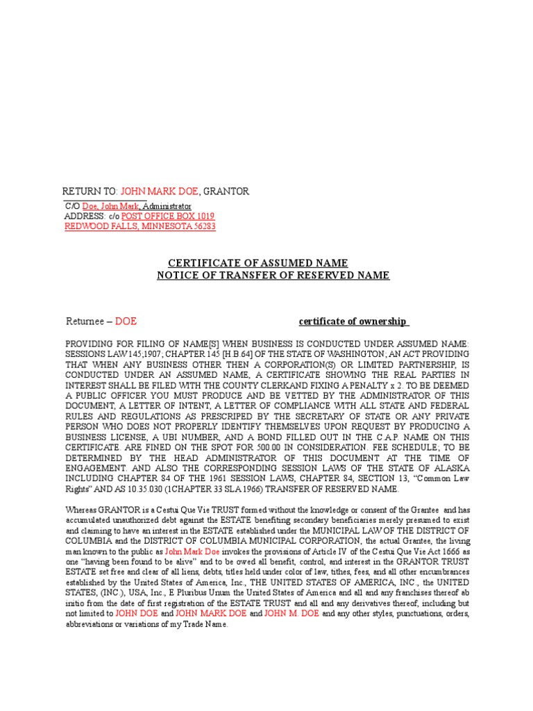 Certificate of Assumed Name - MN | PDF | Notary Public | Trust Law