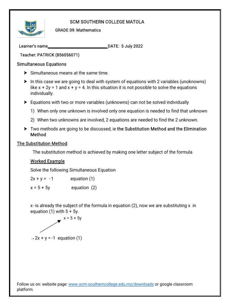 Grade 9 Maths, Simultaneous Equations, 5,07,2022 | PDF