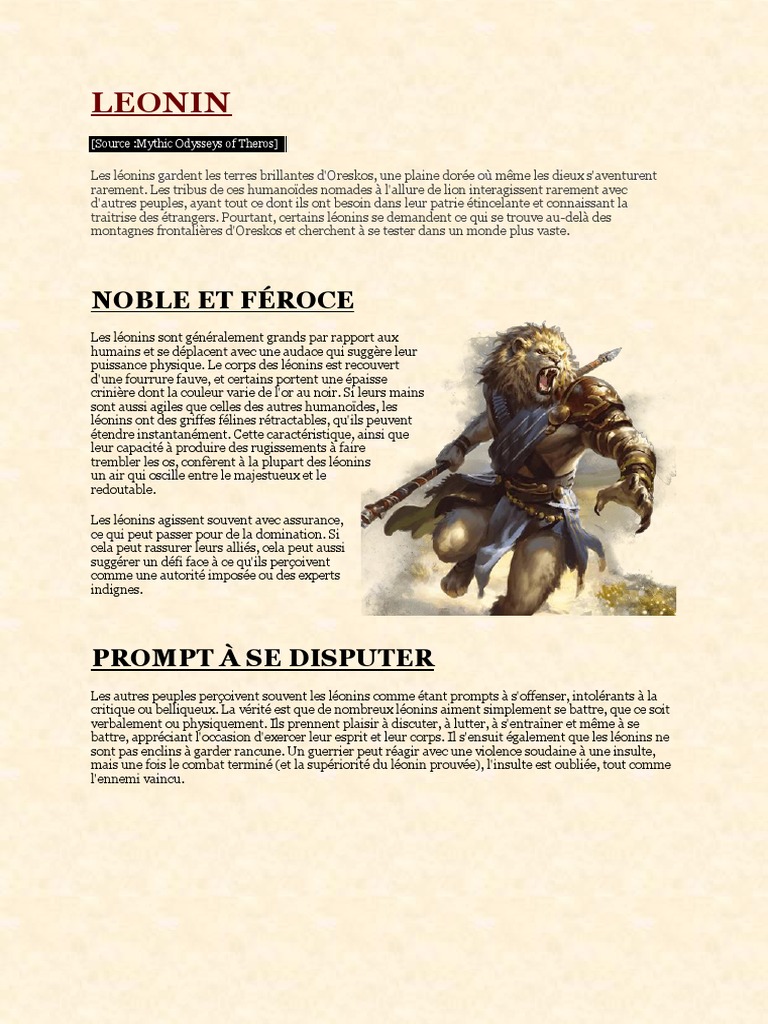 Race Léonin dans D&D 5e | PDF | Lion | Lumière