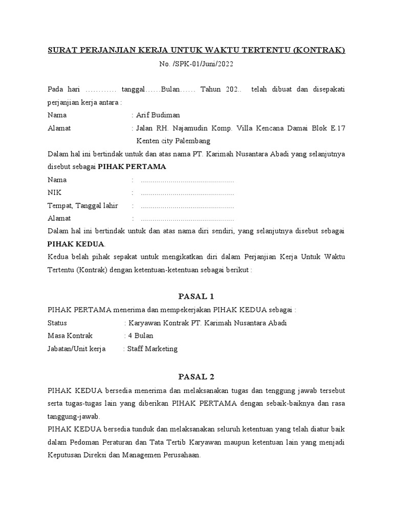 383 - Contoh Surat Perjanjian Kerja Untuk Waktu Tertentu (KONTRAK) | PDF