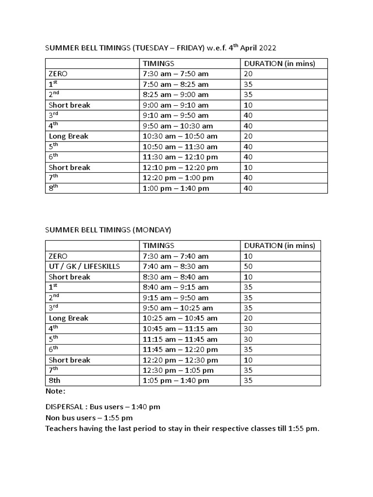 summer bell timings | PDF