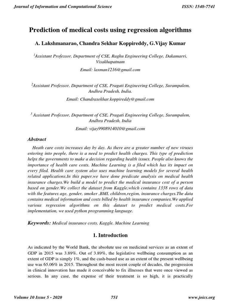 Prediction of Medical Costs Using Regression Algorithms: A ...