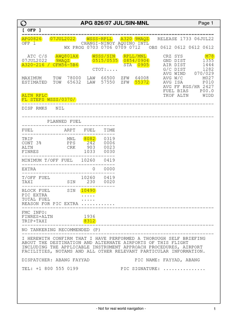 Aircraft Dispatch Release and Flight Plan for Changi to Ninoy Aquino ...