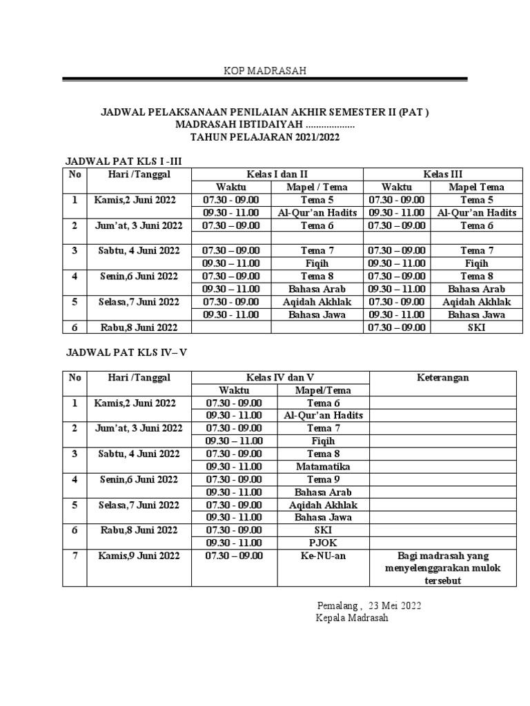 Jadwal Pat KLS 1-5 2022 | PDF