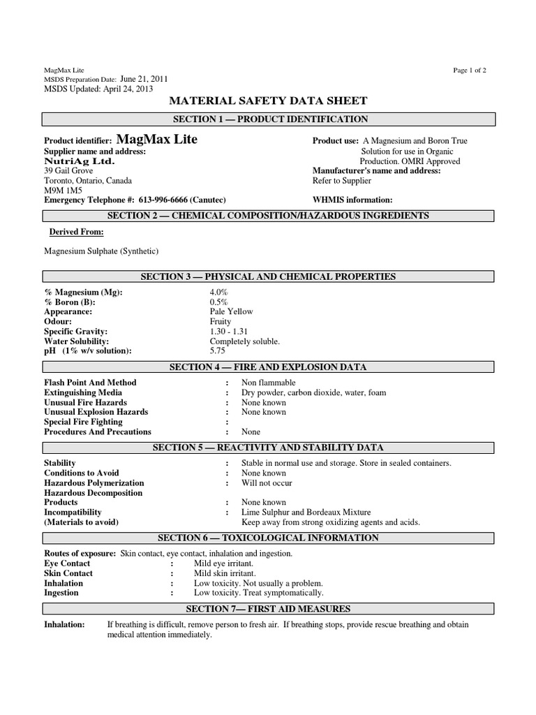 Magmax Lite: Material Safety Data Sheet | PDF | Personal Protective ...
