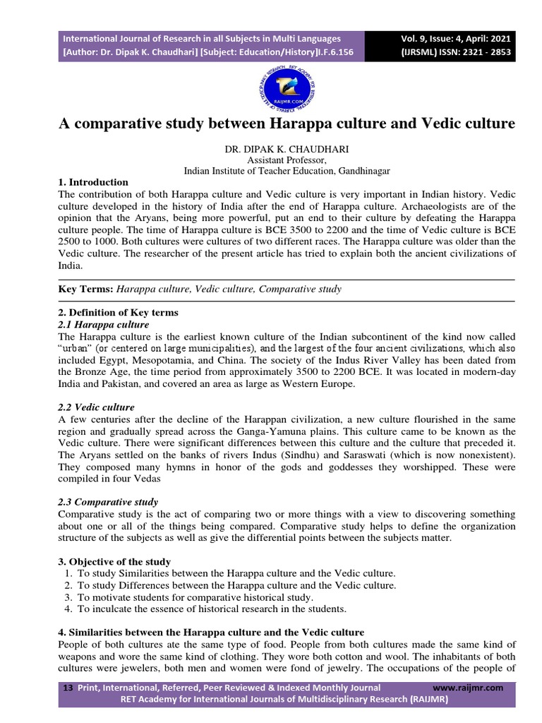 A Comparative Study Between Harappa Culture and Vedic Culture | PDF