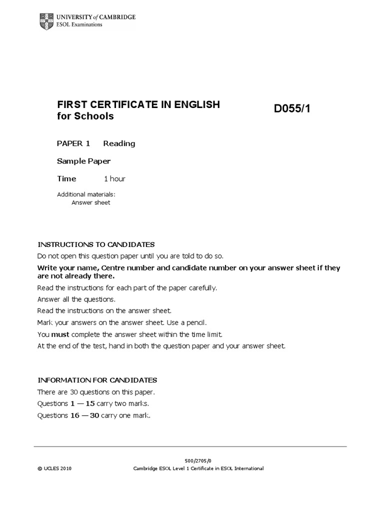 First Certificate in English For Schools: Paper 1 Reading Sample Paper ...