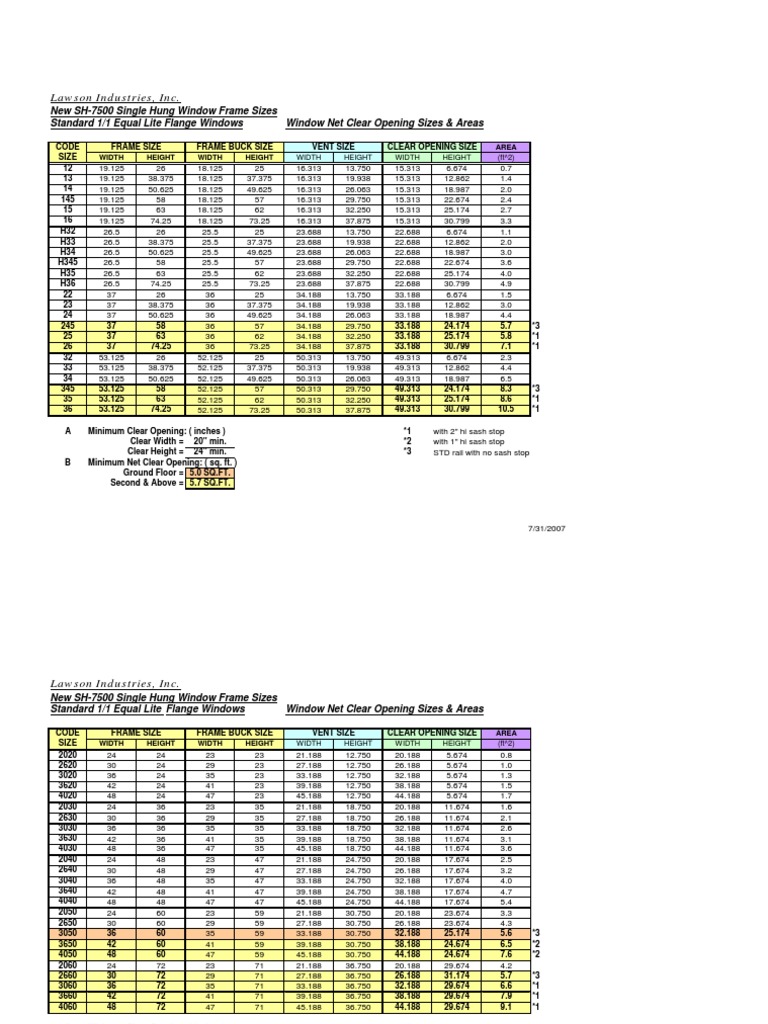 Lawson SH-7500 & SH-7600 Window Sizes | PDF | Window | Architectural Design
