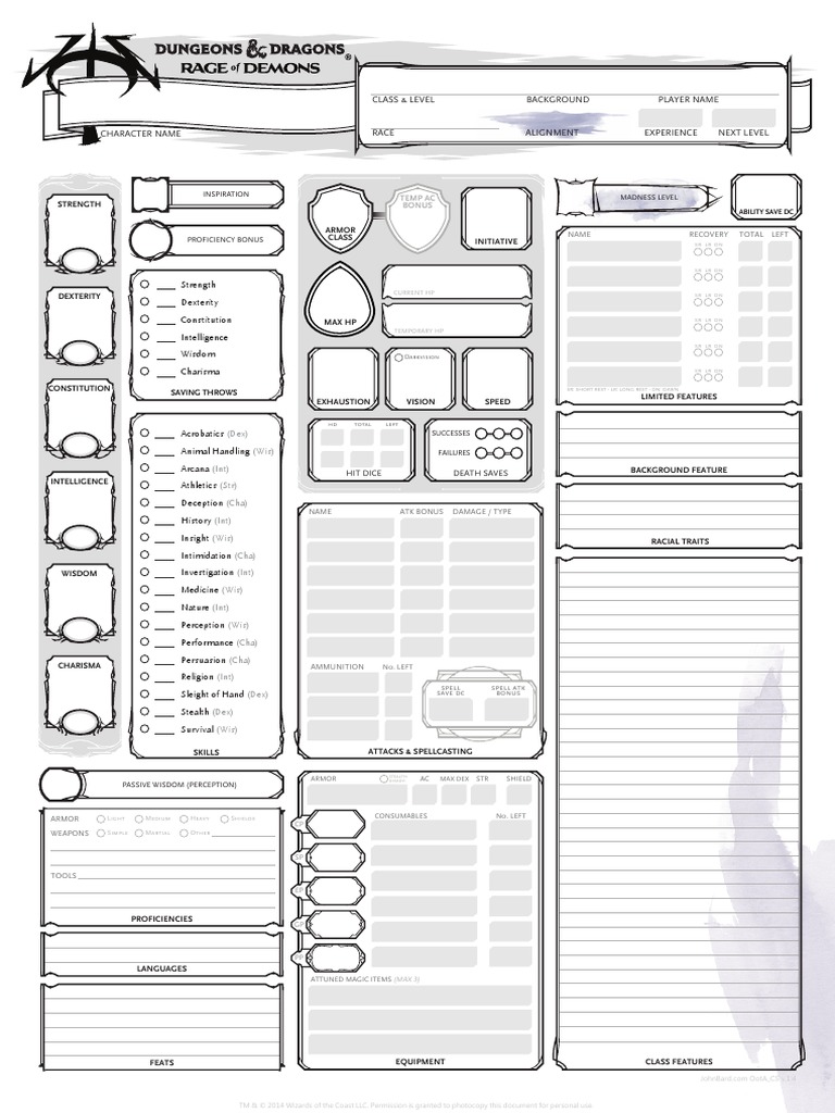 5e Character Sheet (Out of the Abyss format) | PDF | Role Playing Games ...