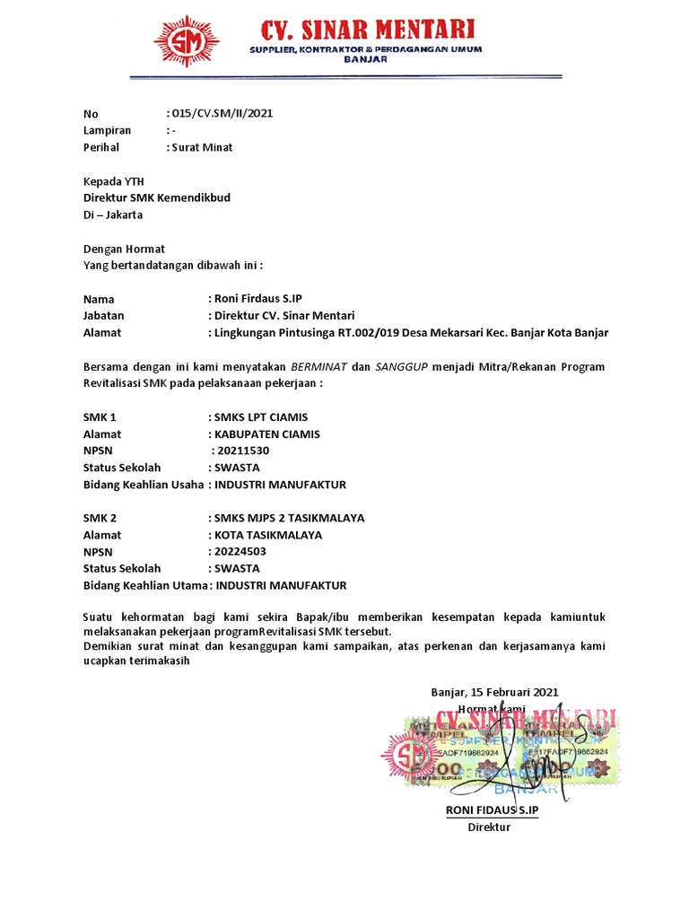 Surat Minat SMK | PDF