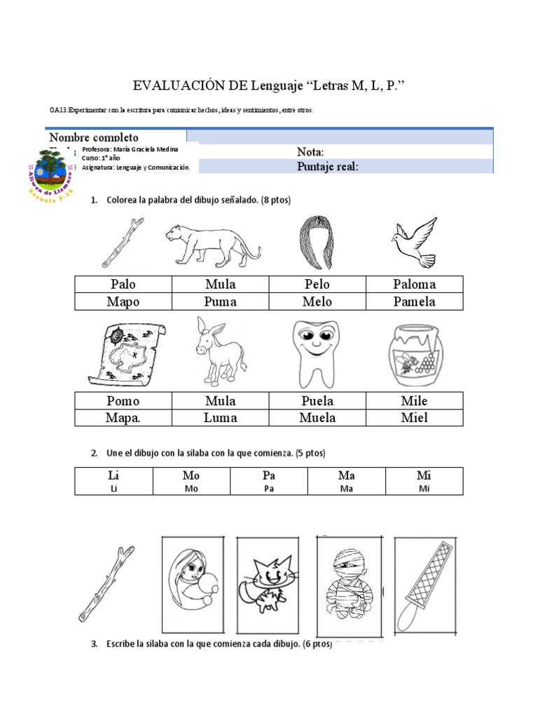 Evaluación de Letras M, L y P | PDF