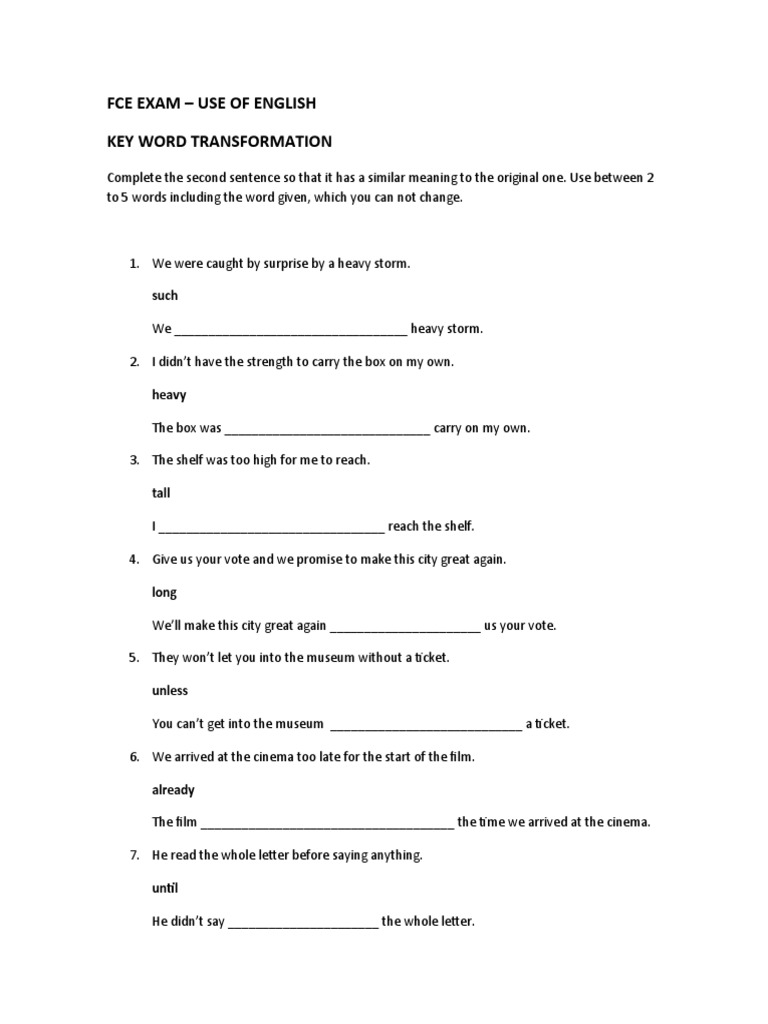 Fce Exam - Use of English Key Word Transformation | PDF