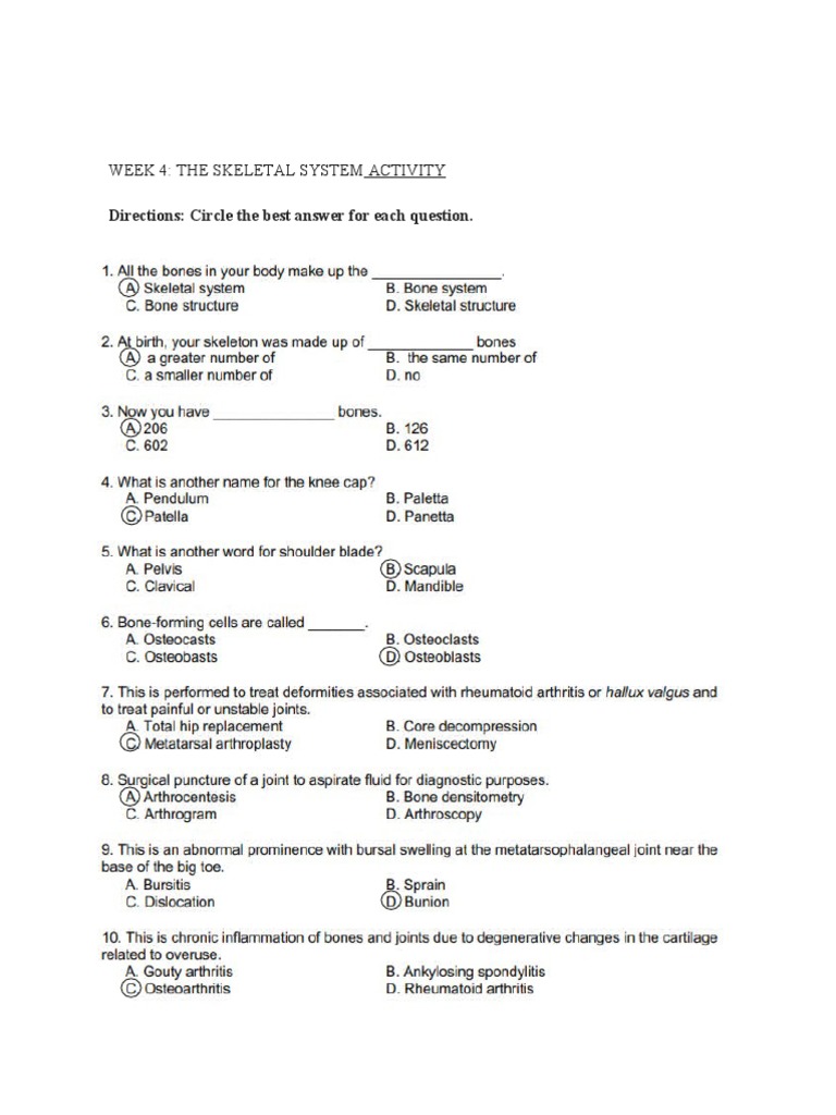 Week 4: The Skeletal System Activity: Directions: Circle The Best ...