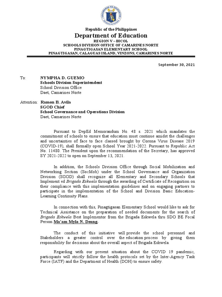 Letter For SBM Team DO Asking Technical Assistance | PDF | Health Sciences