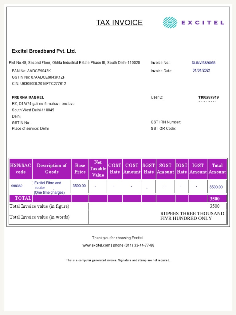 Tax Invoice: Excitel Broadband Pvt. LTD | PDF | Government | Government ...