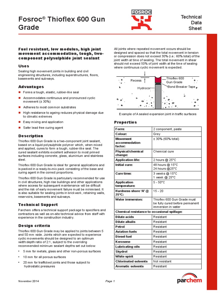 Fosroc Thioflex 600 Gun Grade: Technical Data Sheet | PDF | Liquids | Chemistry