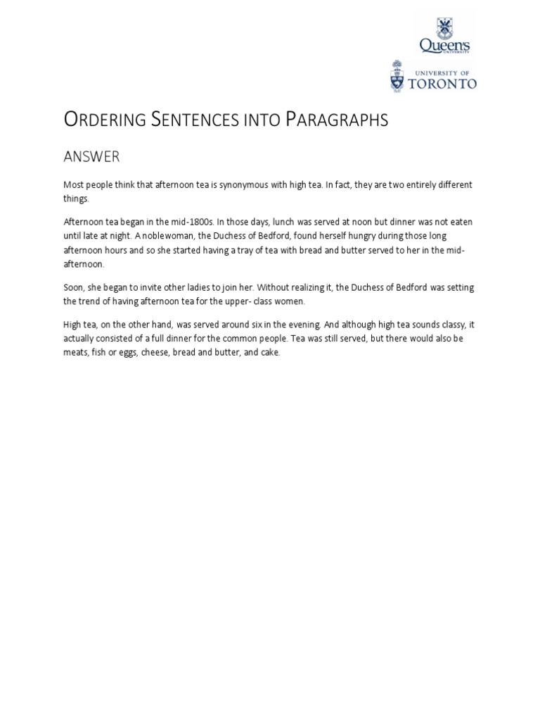 M4 Ordering Sentences Into Paragraphs Answer | PDF