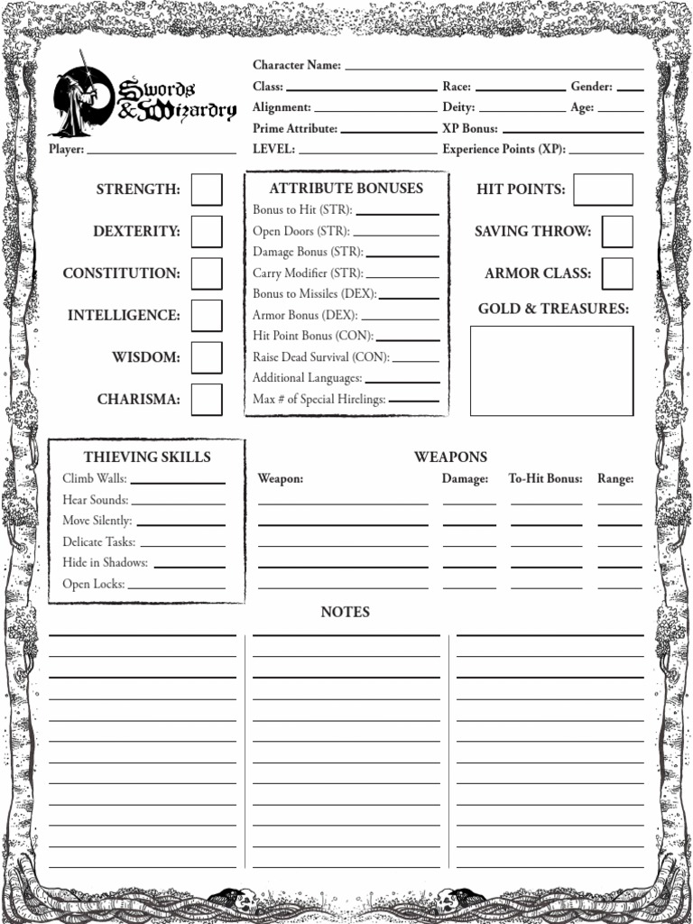 Swords Wizardry 3rd Print Character Sheets | PDF | Leisure Activities ...