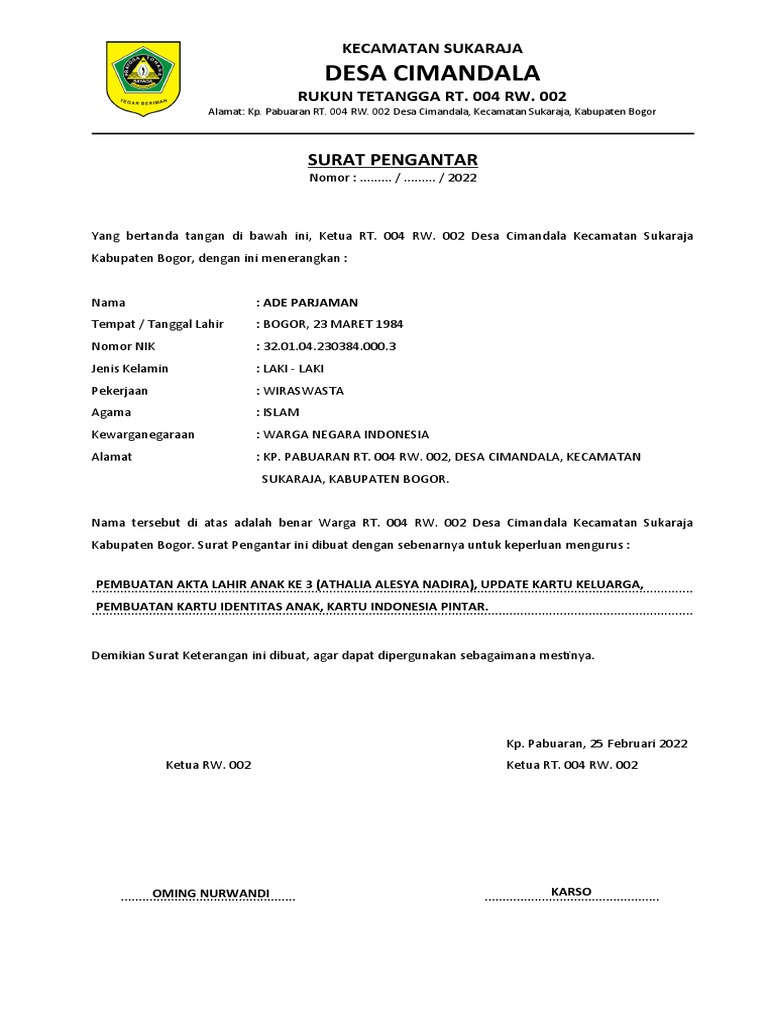Surat Pengantar RT Template 2 | PDF
