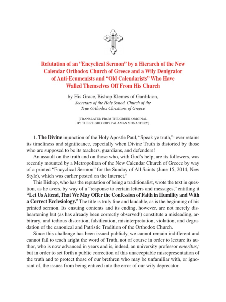 Refutation of an “Encyclical Sermon” by a Hierarch of the New Calendar ...