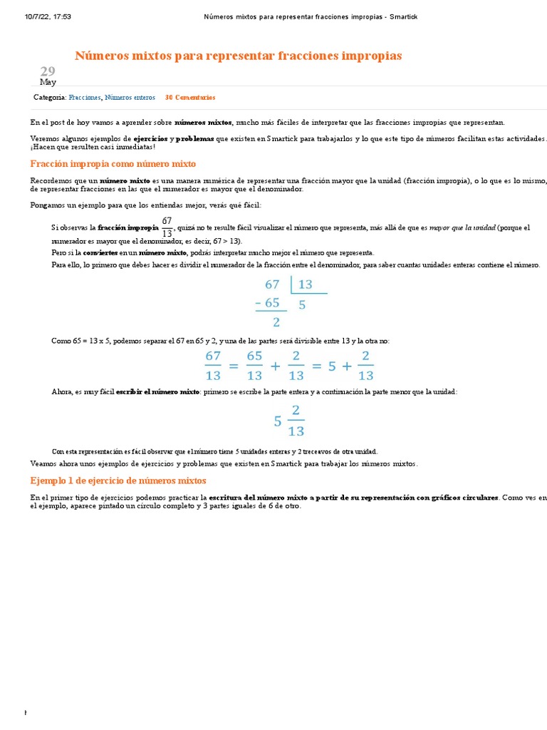 Números Mixtos para Representar Fracciones Impropias - Smartick | PDF ...