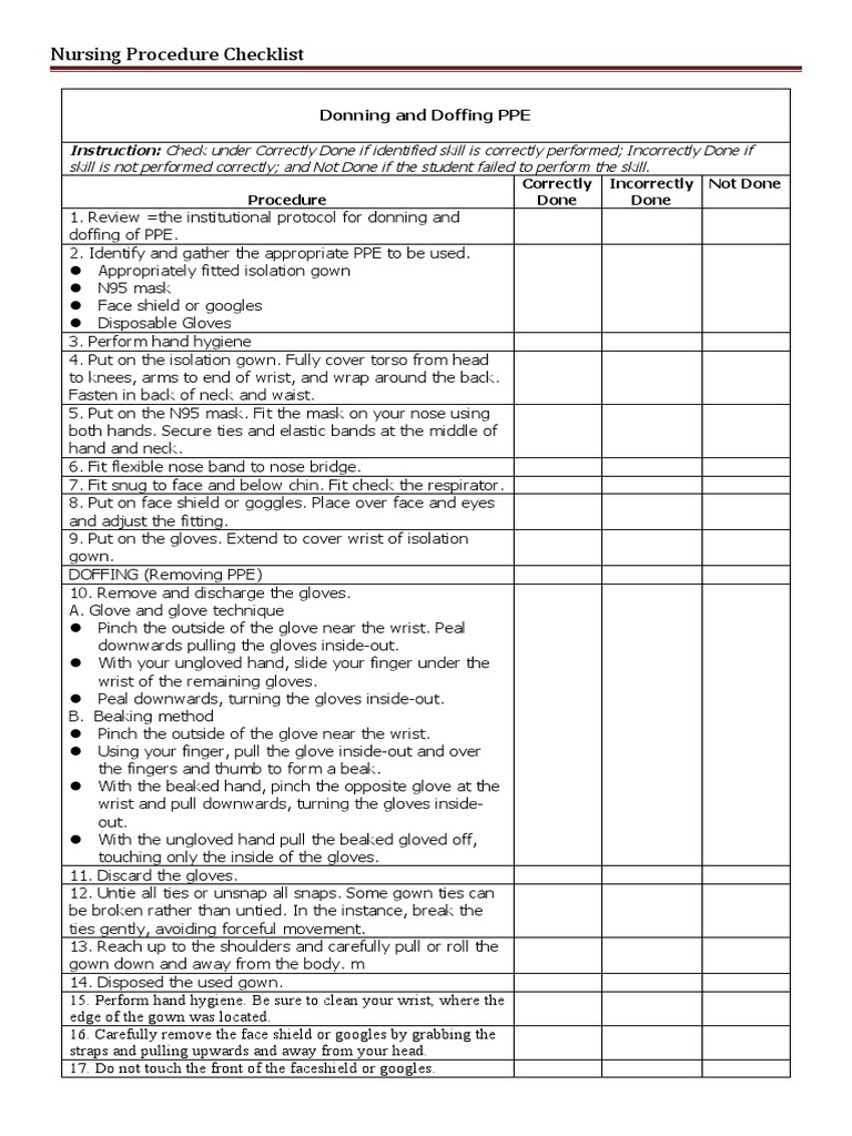 Donning and Doffing PPE Checklist | PDF | Personal Protective Equipment ...