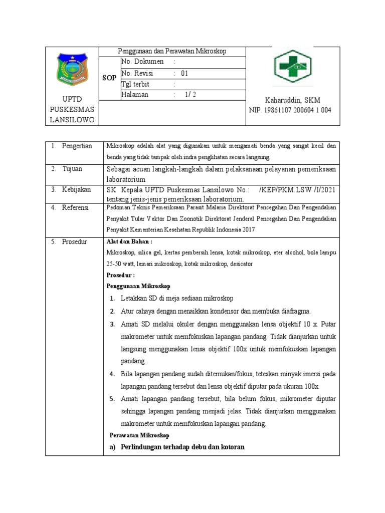 SPO Penggunaan Dan Perawatan Mikroskop | PDF | Sains & Matematika