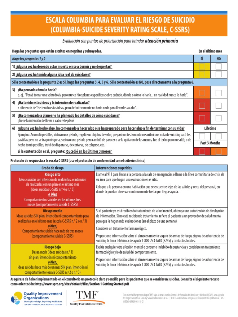 Escala Columbia para Evaluar Riesgo Suicida | PDF | Suicidio | Medicare ...