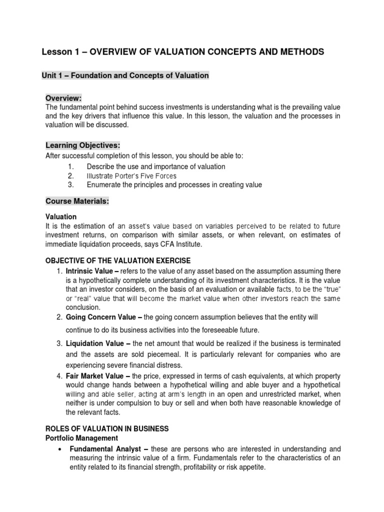 Lesson 1 - Overview of Valuation Concepts and Methods | PDF | Valuation ...