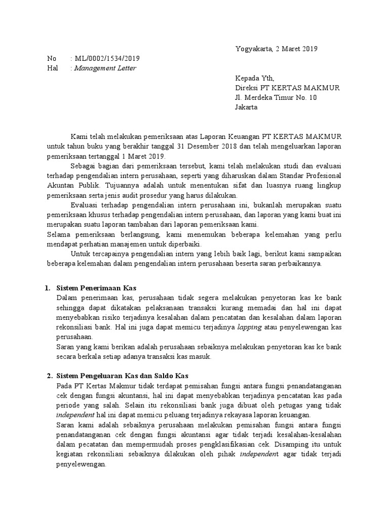 Muhammad Choirul Huda - 20190420279 - Management Letter - Prak. Audit ...