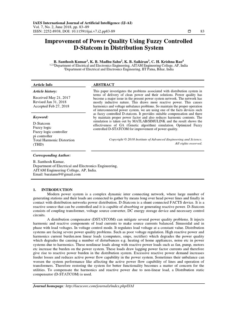 Improvement Of Power Quality Using Fuzzy Controlled D Statcom In Distribution System Pdf Ac 