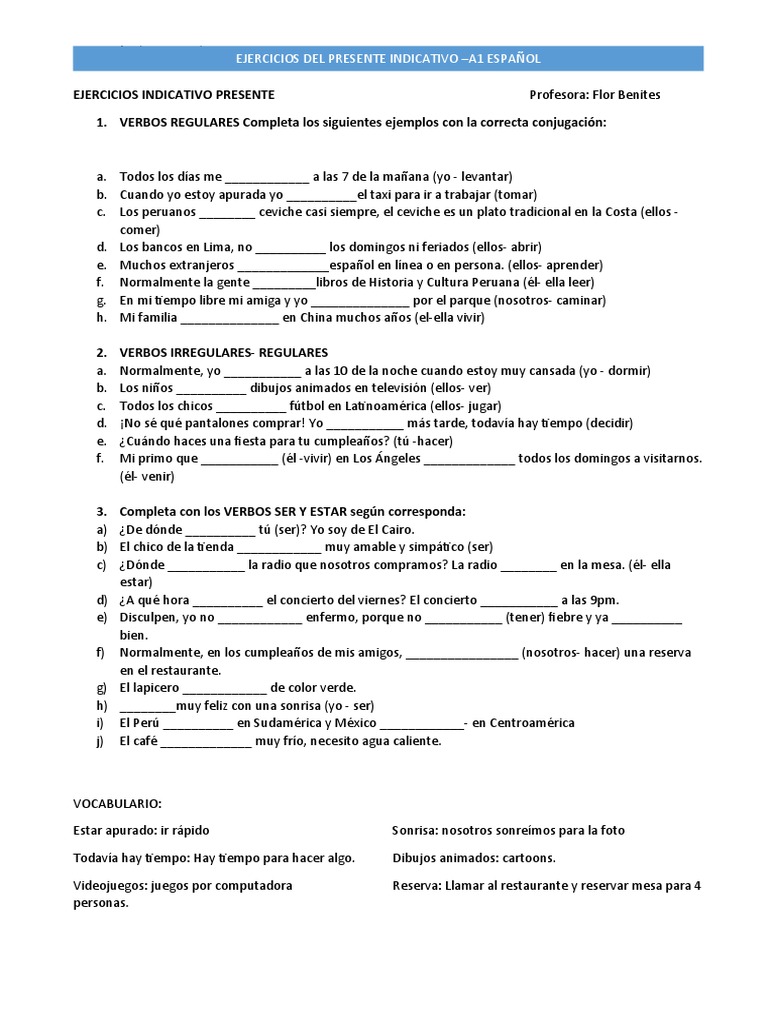 Ejercicios Del Presente Indicativo 2 - Nivel A1 Español | PDF | Artes ...