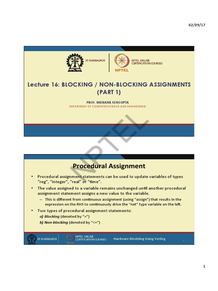 Procedural Assignment Lecture 16 Blocking Non Blocking Assignments Part 1 Pdf