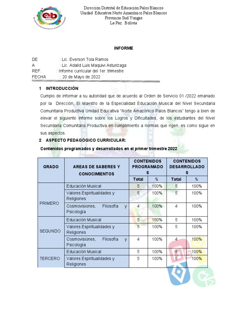 Informe Imprimir | PDF | Plan de estudios | Bolivia