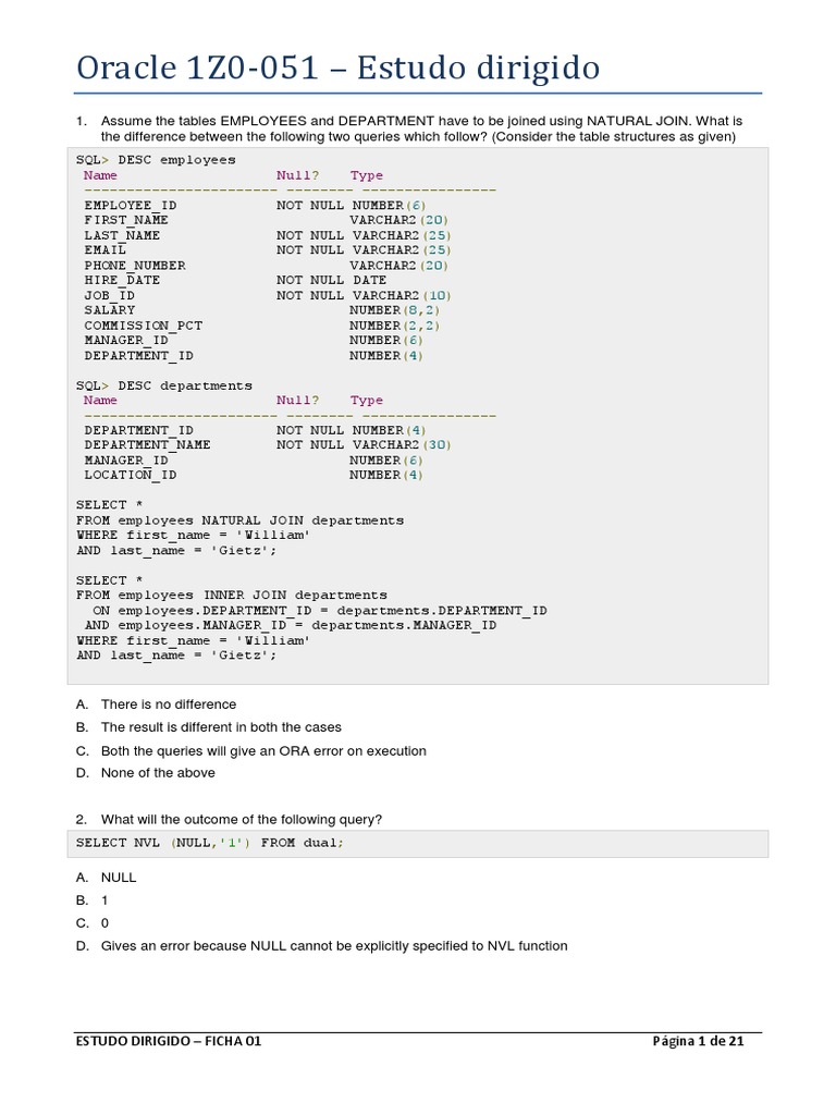 Oracle 1Z0-051 - Estudo Dirigido: Name Null Type | PDF | Table ...