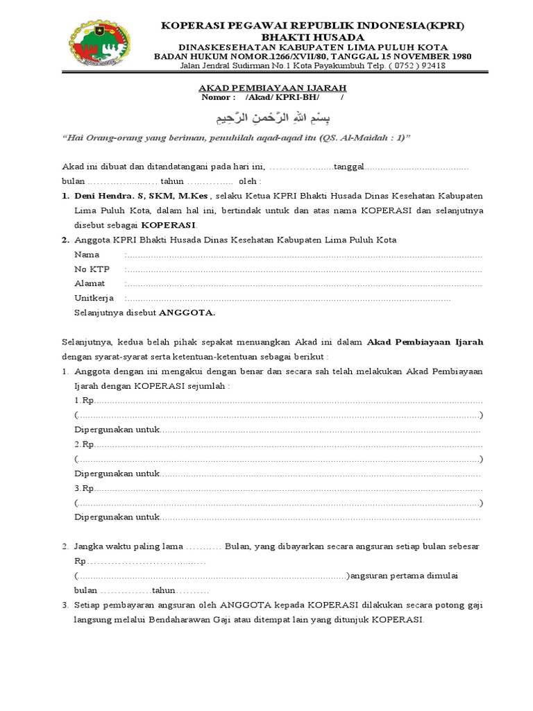 Akad Pembiayaan Ijarah KPRI | PDF
