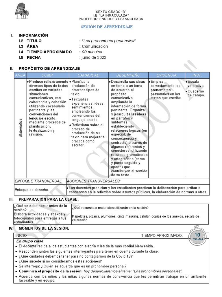 Pronombres Personales en Sexto Grado | PDF | Aprendizaje | Cognición