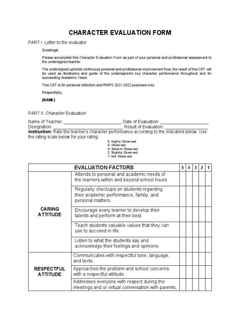Character Evaluation Form | Download Free PDF | Evaluation | Psychology