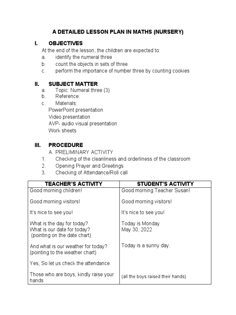 Nursery Math Lesson Plan: Number Three | PDF | Goldilocks And The Three ...