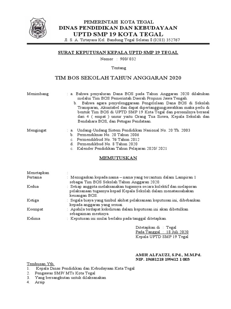 Pembentukan Tim BOS SMP 19 Tegal 2020 | PDF