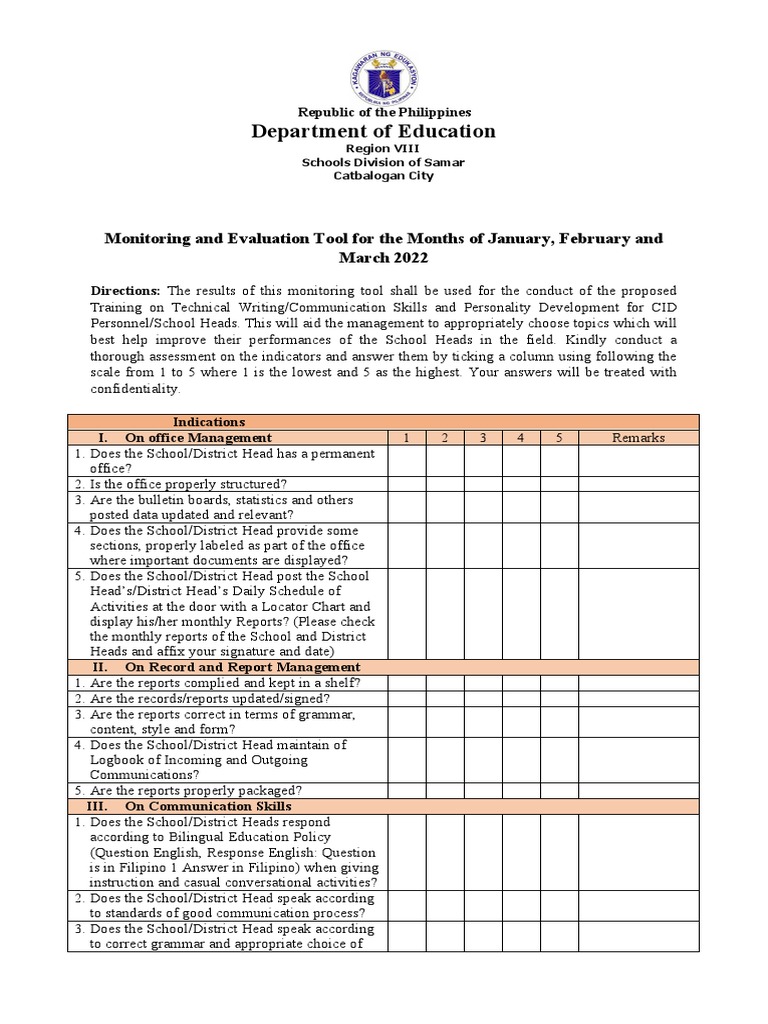Department of Education: Monitoring and Evaluation Tool For The Months ...