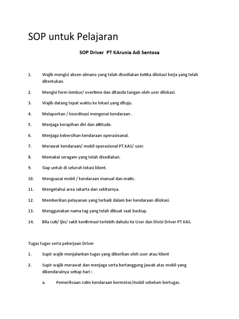 SOP Driver & Defensive Driving | PDF | Bisnis