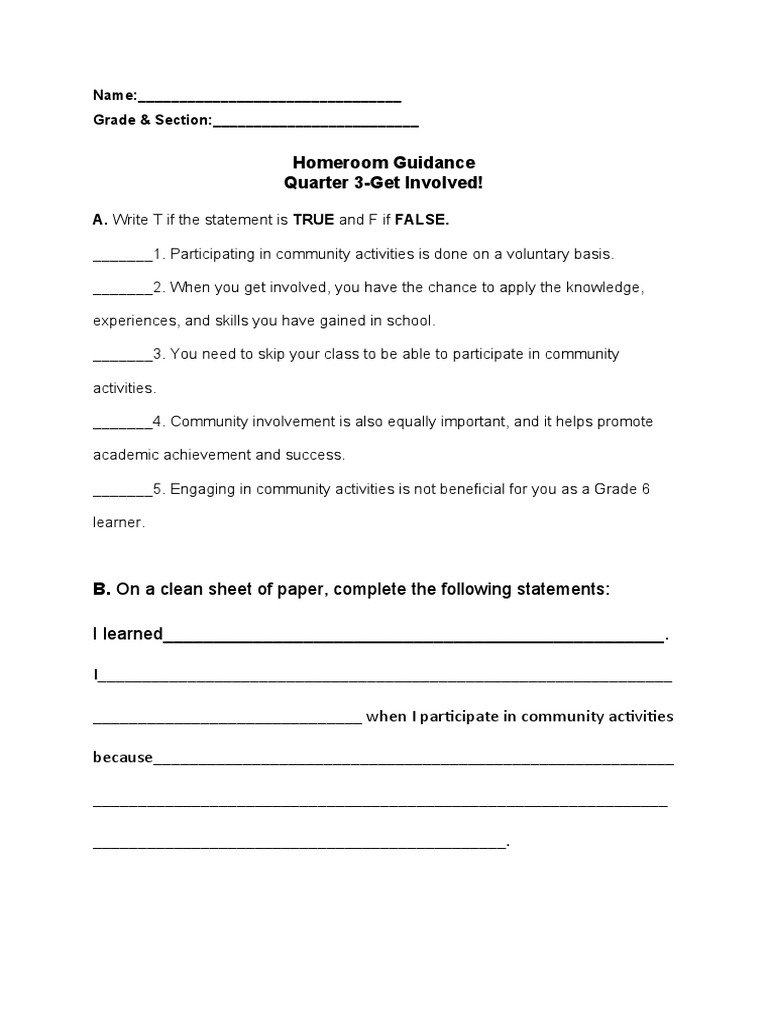 Homeroom Guidance Worksheets | PDF