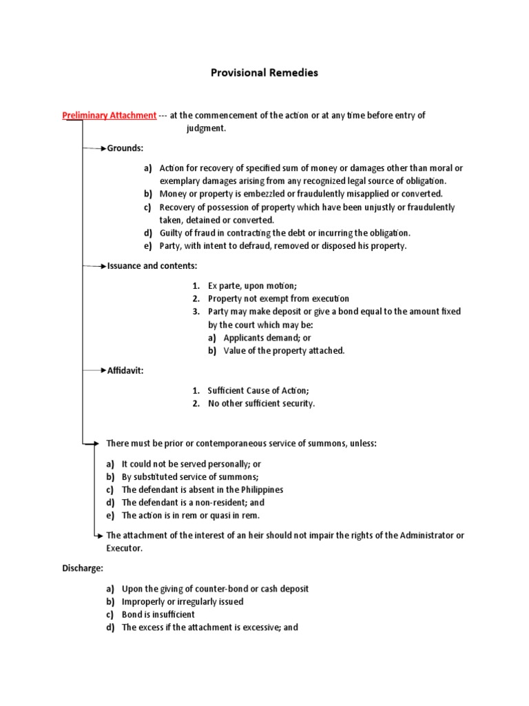 Provisional Remedies Chart | PDF | Mortgage Law | Injunction