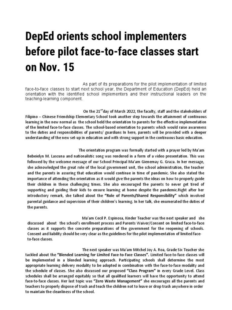 Narrative Report On Limited Face-To-Face | PDF | Learning | Teachers