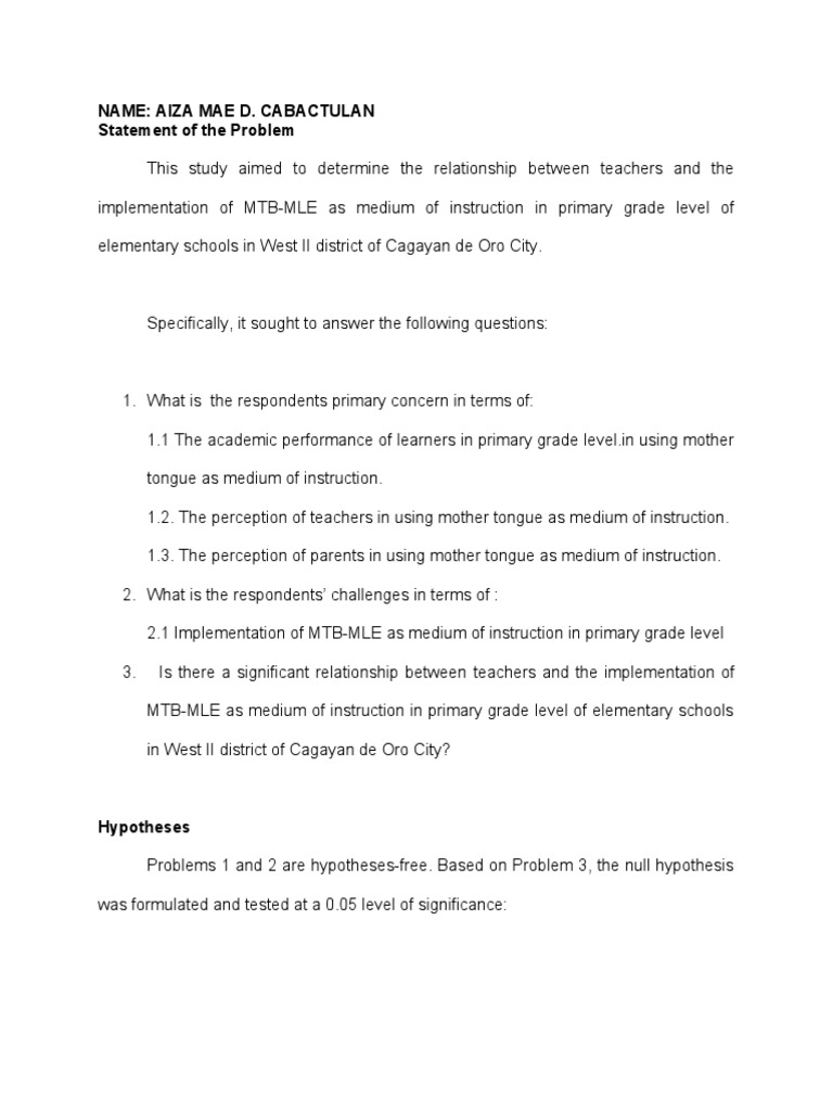 Name: Aiza Mae D. Cabactulan Statement of The Problem | PDF