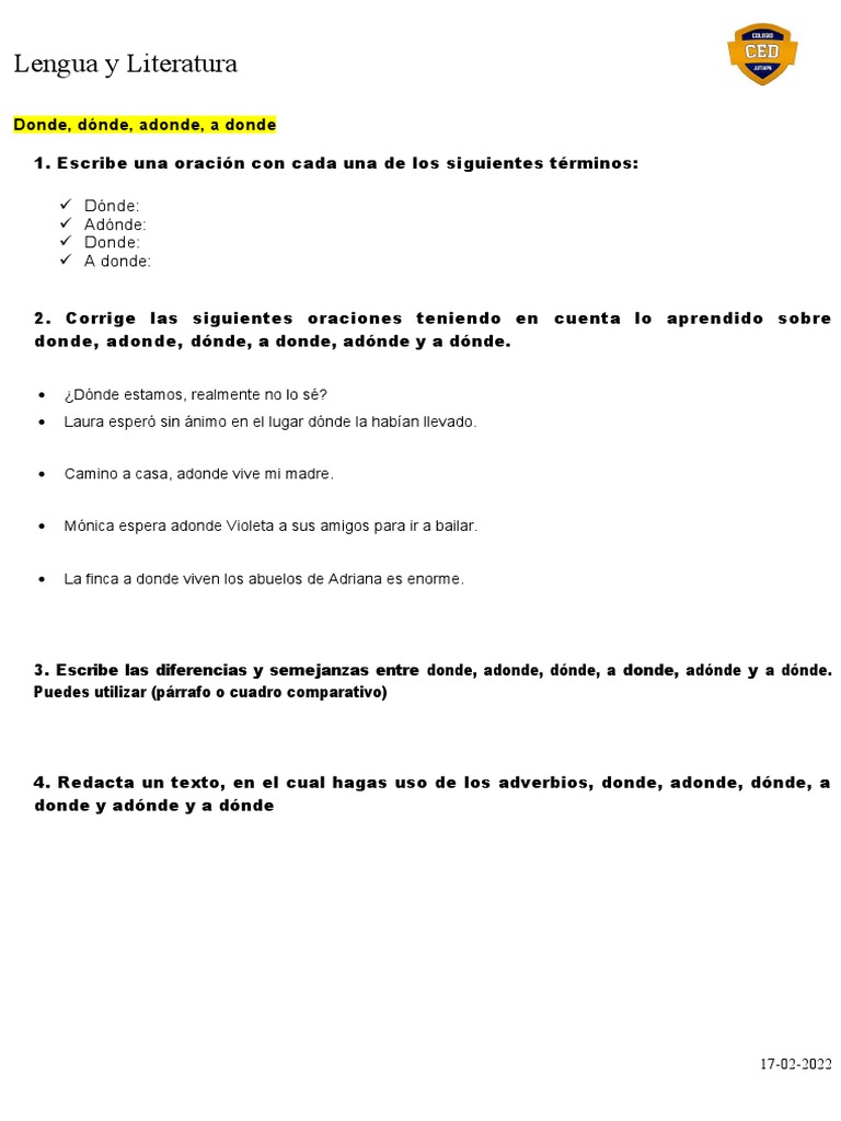 Uso y diferencias de donde y adonde | PDF | Artes del Lenguaje y ...