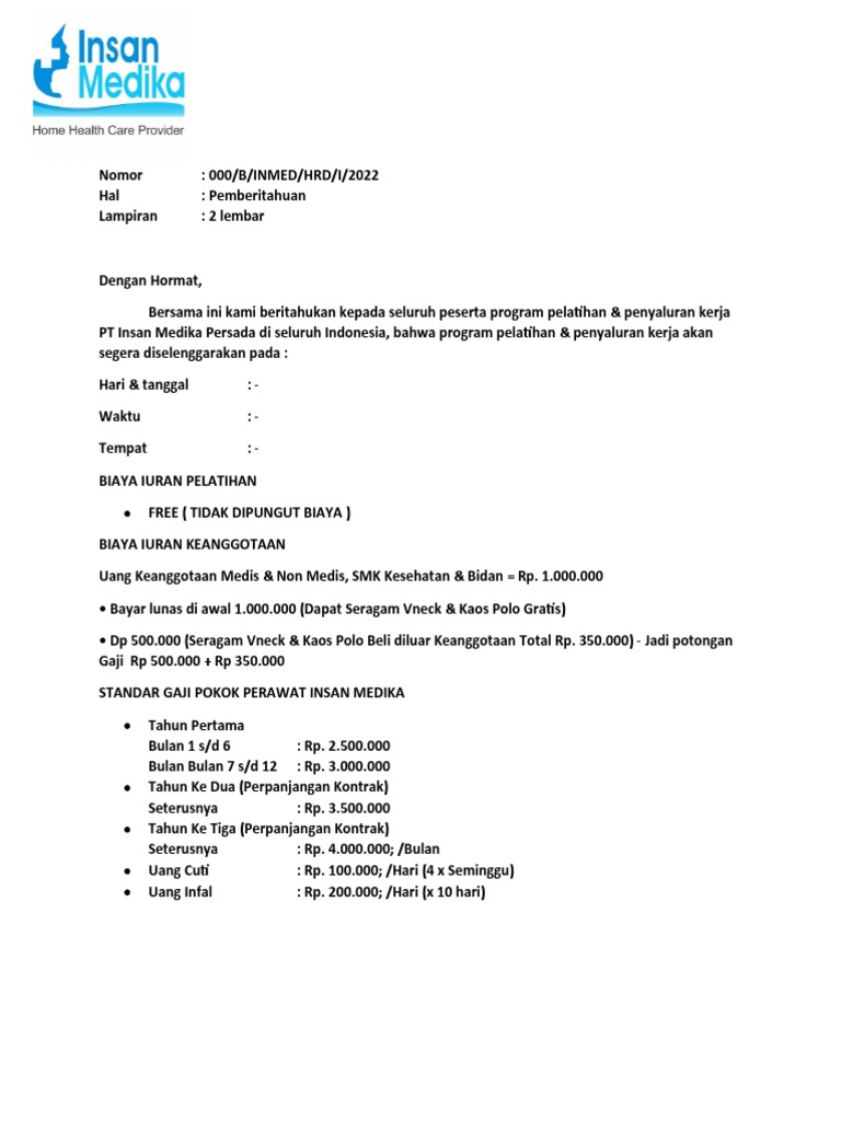 Pemberitahuan Program Pelatihan dan Persyaratan Kerja PT Insan Medika Persada | PDF