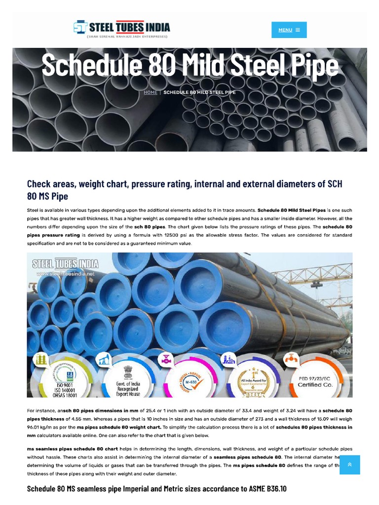Schedule 80 Mild Steel Pipe Sizes - Dimensions - Weight and Price | PDF