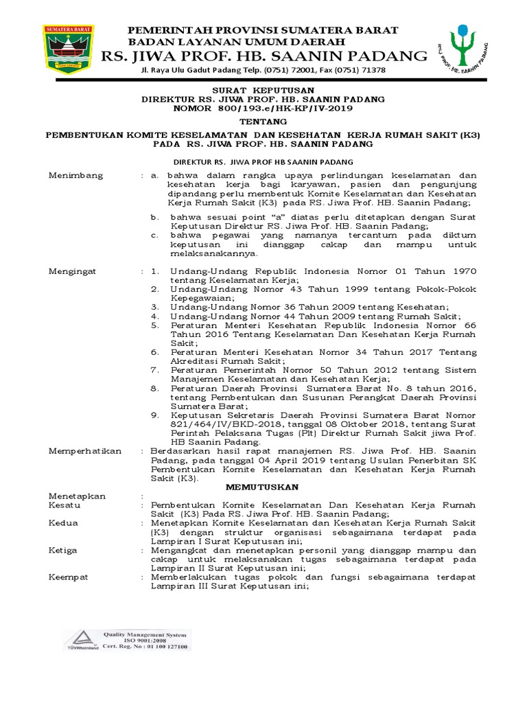 Pembentukan Komite K3 RS Saanin | PDF